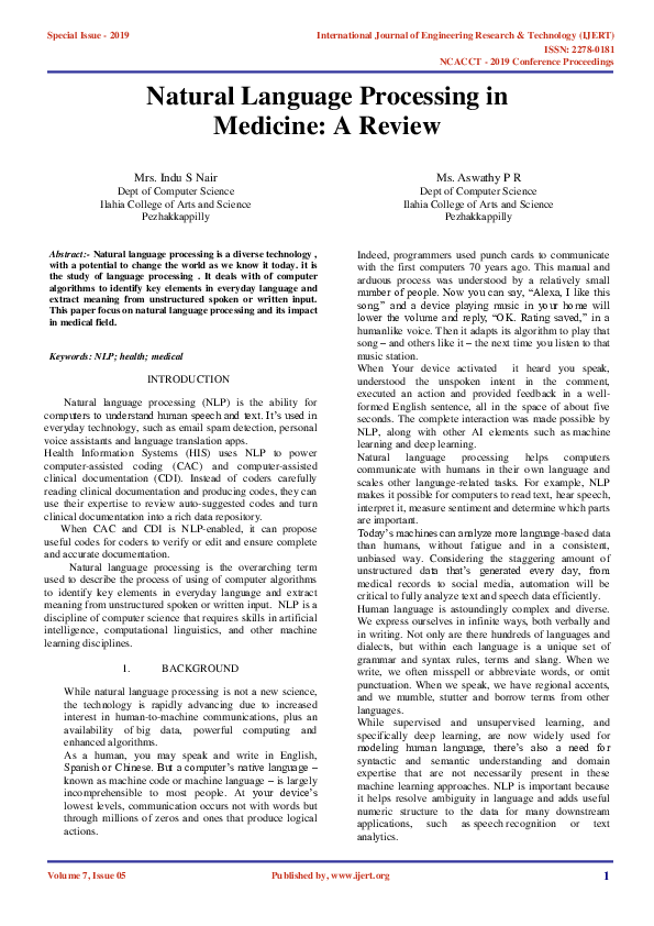 (PDF) IJERT-Natural Language Processing in Medicine: A Review | IJERT ... (PDF) IJERT-Natural Language Processing in Medicine: A Review | IJERT ...