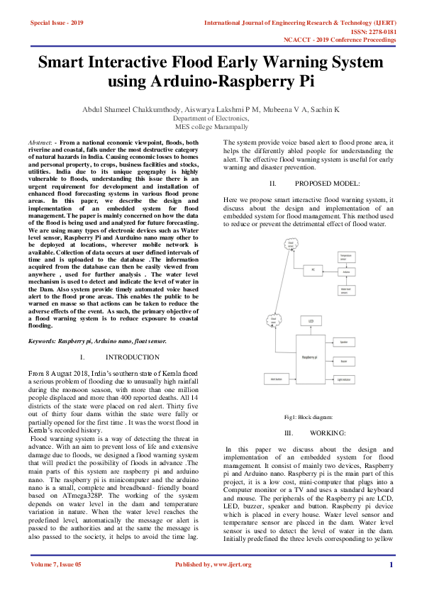 Pdf Ijert Smart Interactive Flood Early Warning System Using Arduino Raspberry Pi Ijert 0666