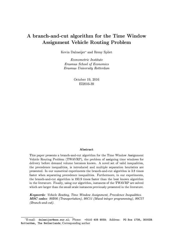 Pdf A Branch And Cut Algorithm For The Time Window Assignment Vehicle Routing Problem Remy