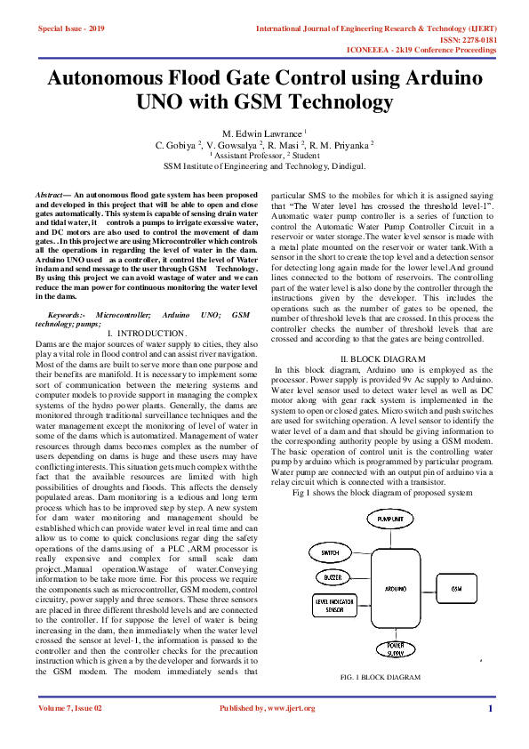 Pdf Ijert Autonomous Flood Gate Control Using Arduino Uno With Gsm Technology Ijert Journal