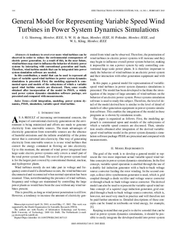 Pdf General Model For Representing Variable Speed Wind Turbines In Power System Dynamics