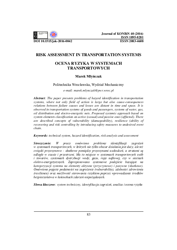 (PDF) Risk Assessment in Transportation Systems
