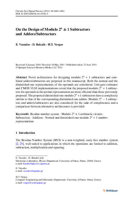 (PDF) On the Design of Modulo 2 n ±1 Subtractors and Adders/Subtractors
