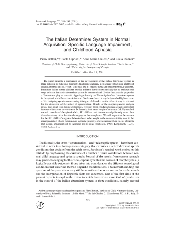 (PDF) The Italian Determiner System in Normal Acquisition, Specific ...