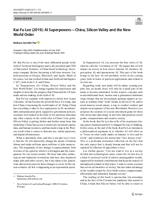 (PDF) Kai-Fu-Lee (2019): AI Superpowers—China, Silicon Valley and the New World Order