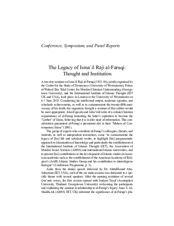 (PDF) The Legacy of Isma`il Raji al-Faruqi: Thought and Institution