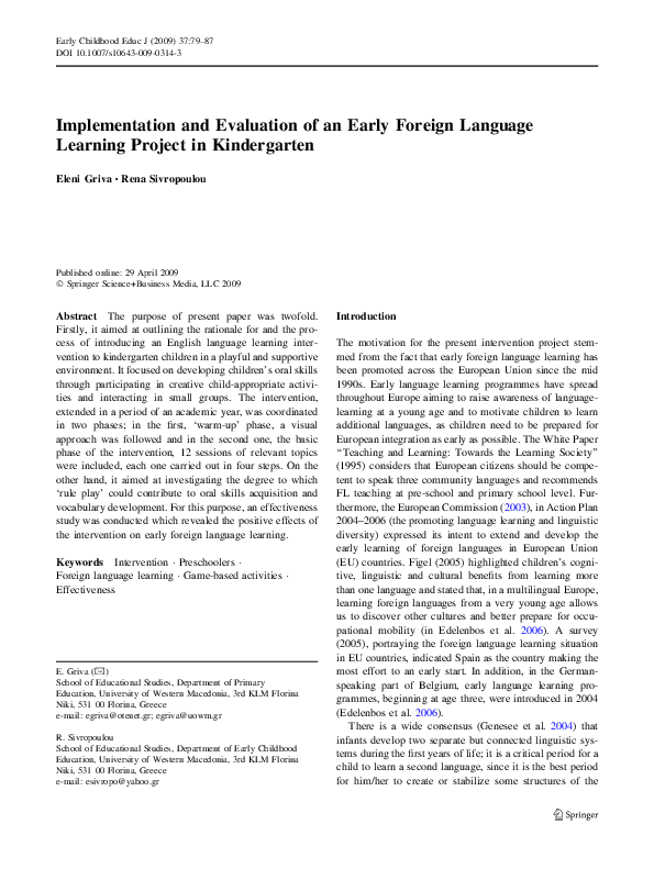(PDF) Implementation and Evaluation of an Early Foreign Language Learning Project in Kindergarten