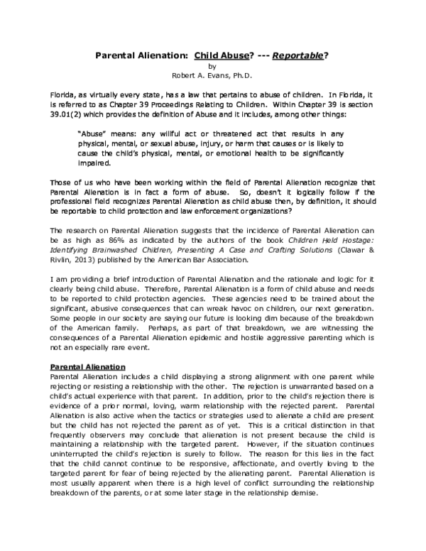 (PDF) Parental Alienation: Child Abuse? ---Reportable