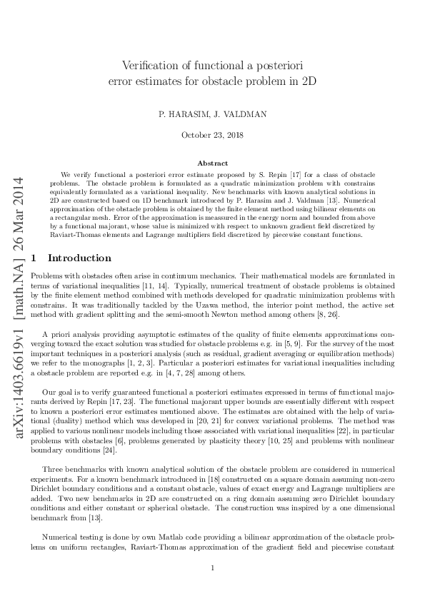 Pdf Verification Of Functional A Posteriori Error Estimates For An Obstacle Problem