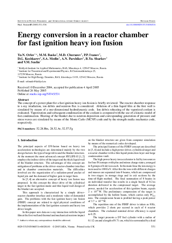 (PDF) Energy conversion in a reactor chamber for fast ignition heavy ...
