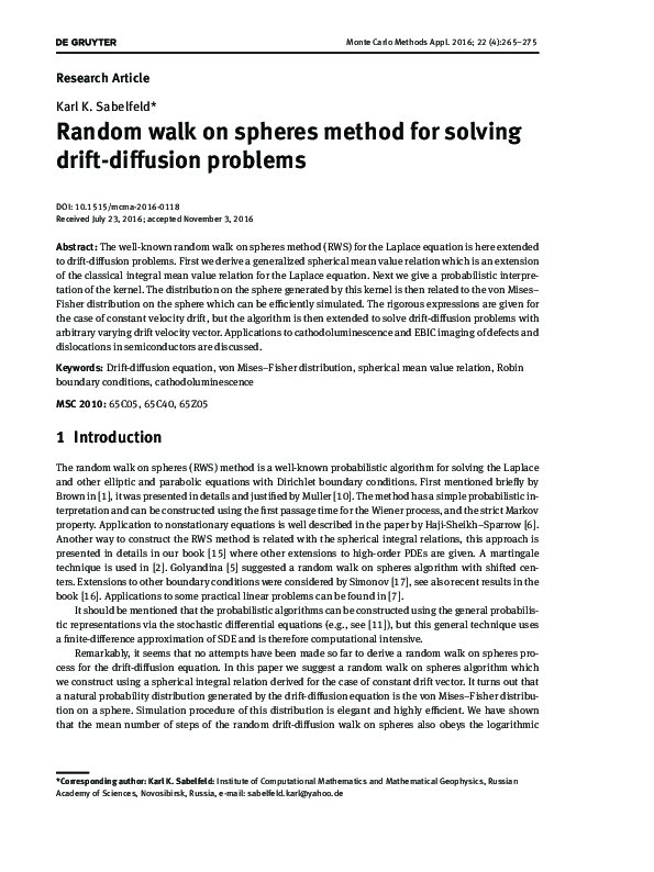 (PDF) Random walk on spheres method for solving drift-diffusion problems