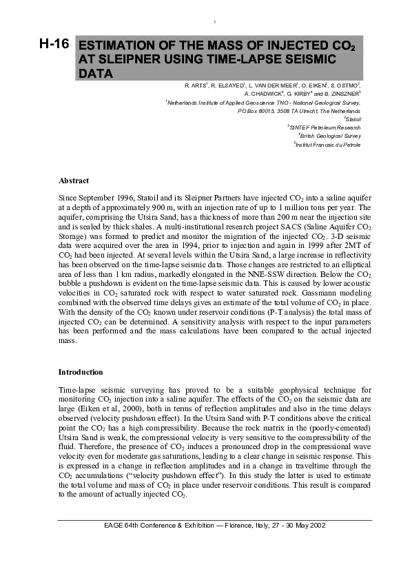 Pdf Estimation Of The Mass Of Injected Co2 At Sleipner Using Time Lapse Seismic Data