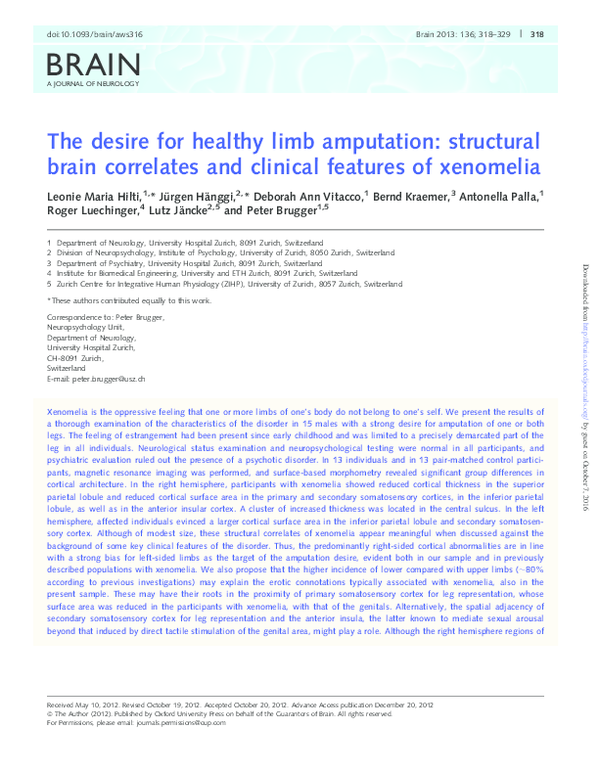 (PDF) The desire for healthy limb amputation: structural brain ...
