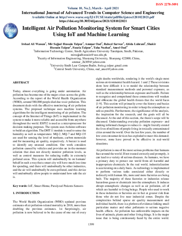 Pdf Intelligent Air Pollution Monitoring System For Smart Cities Using Iot And Machine Learning