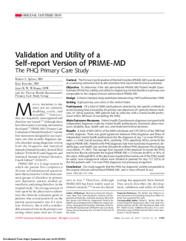 (PDF) Validation and Utility of a Self-report Version of PRIME-MD The ...