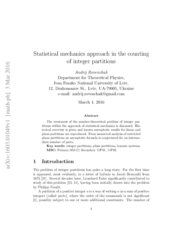 (PDF) Statistical mechanics approach in the counting of integer partitions