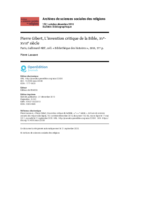 (PDF) Pierre Gibert, L’invention critique de la Bible, xve-xviiie siècle