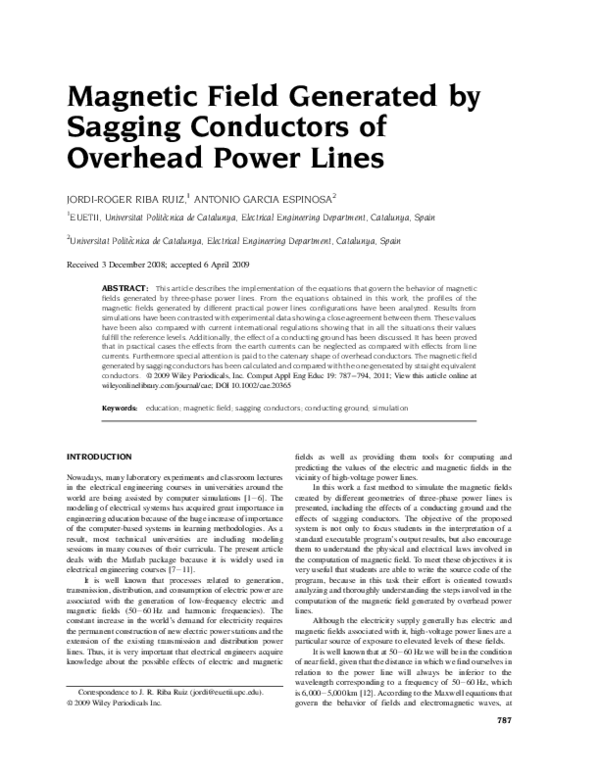 (PDF) Magnetic field generated by sagging conductors of overhead power ...