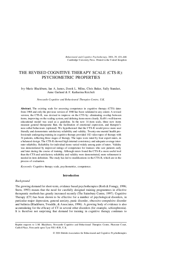 (PDF) The Revised Cognitive Therapy Scale (CTS-R): Psychometric Properties