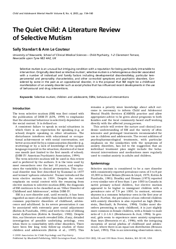 (PDF) The Quiet Child: A Literature Review of Selective Mutism