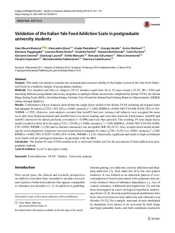 (PDF) Validation of the Italian Yale Food Addiction Scale in ...