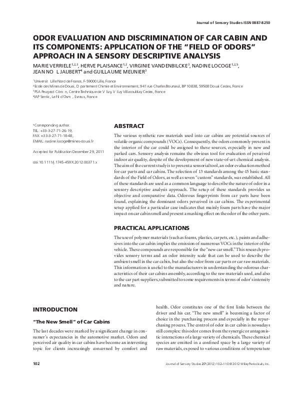 (PDF) Odor Evaluation and Discrimination of Car Cabin and Its ...
