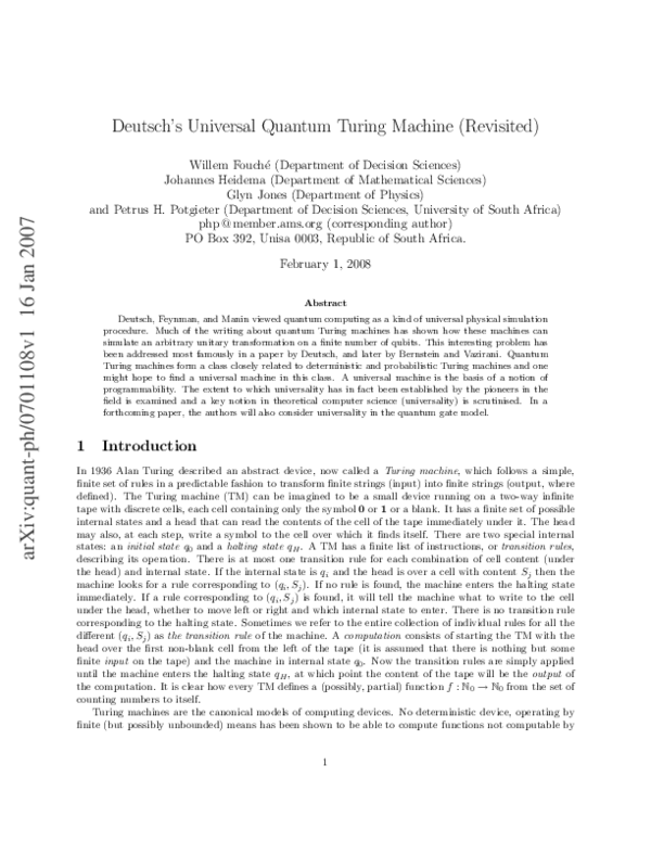 (PDF) Deutsch's Universal Quantum Turing Machine (Revisited)