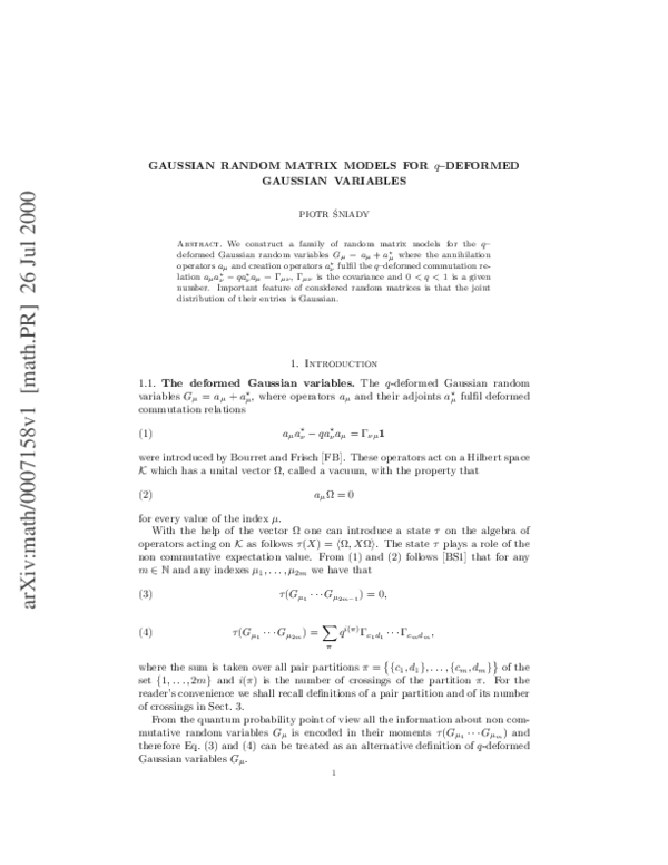 Pdf Gaussian Random Matrix Models¶for Q Deformed Gaussian Variables 