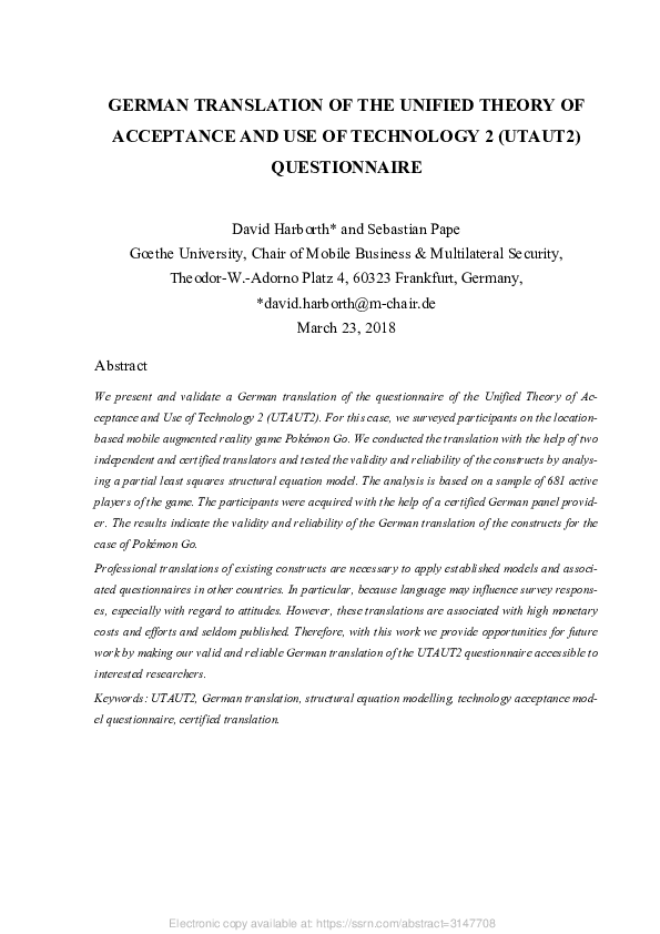 (PDF) German Translation of the Unified Theory of Acceptance and Use of ...