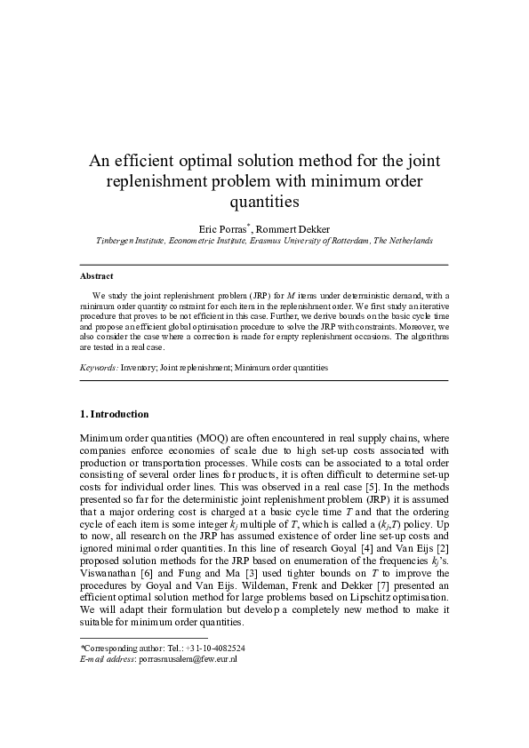 Pdf An Efficient Optimal Solution Method For The Joint Replenishment Problem With Minimum