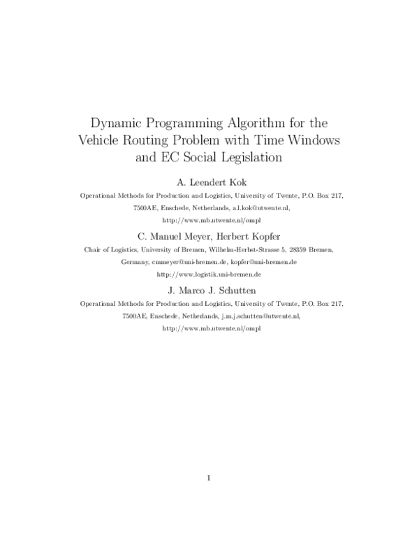 Pdf Dynamic Programming Algorithm For The Vehicle Routing Problem With Time Windows And Ec 