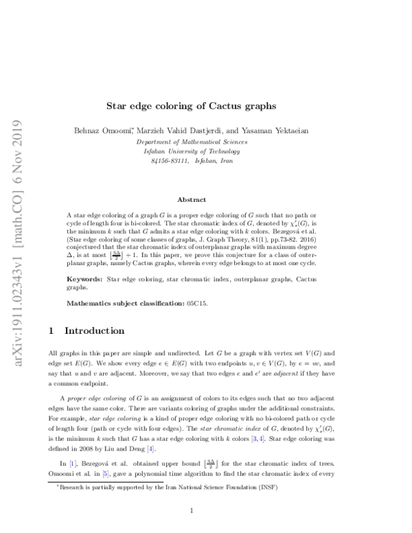(PDF) Star Edge Coloring of Cactus Graphs