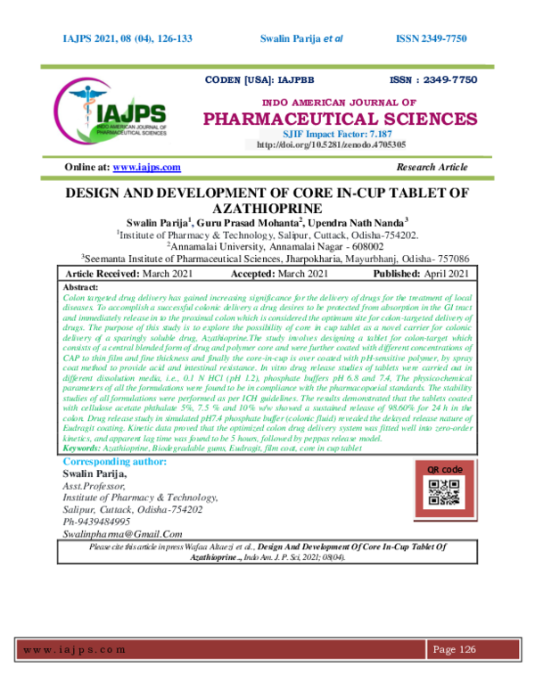 (PDF) DESIGN AND DEVELOPMENT OF CORE IN-CUP TABLET OF AZATHIOPRINE