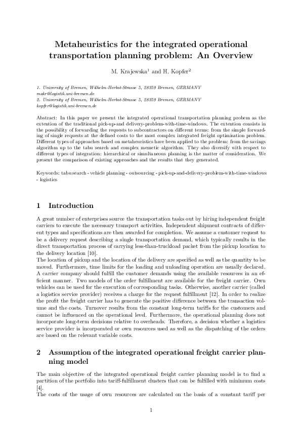 (PDF) Metaheuristics for the integrated operational transportation planning problem: An Overview
