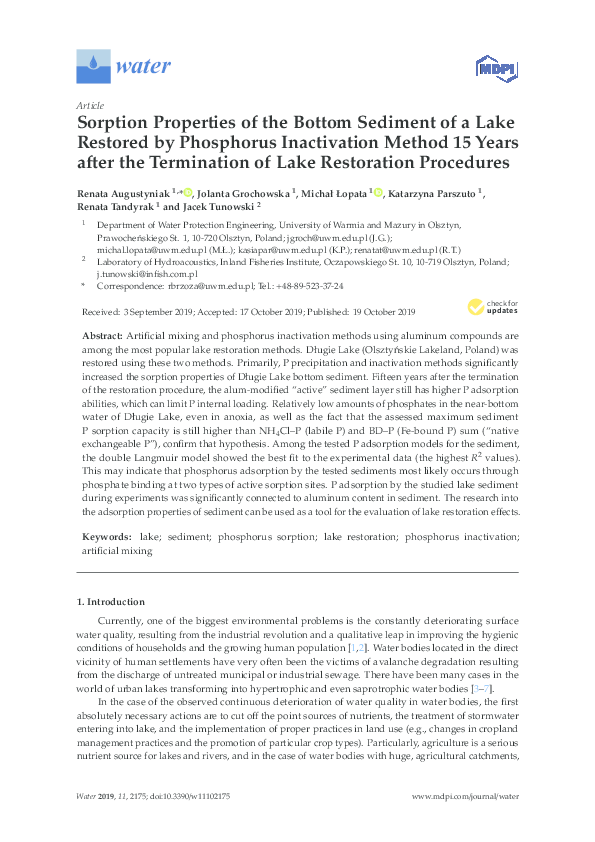 (PDF) Sorption Properties of Lake Sediments 15 Years Post-Restoration
