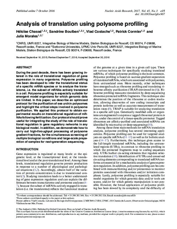 (PDF) Analysis of translation using polysome profiling