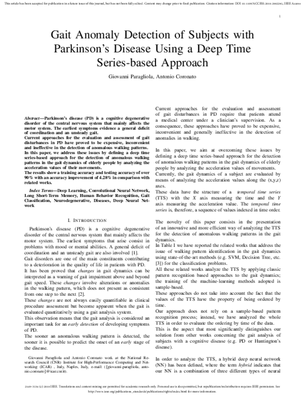 Pdf Gait Anomaly Detection Of Subjects With Parkinsons Disease Using A Deep Time Series Based