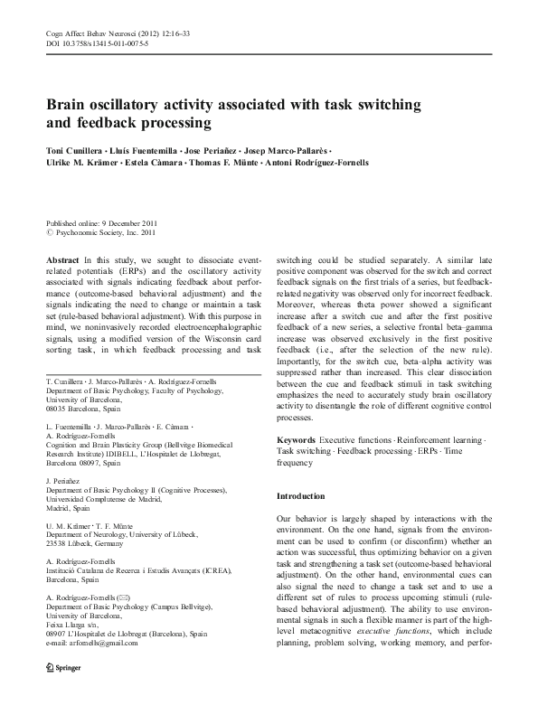 Pdf Brain Oscillatory Activity Associated With Task Switching And Feedback Processing