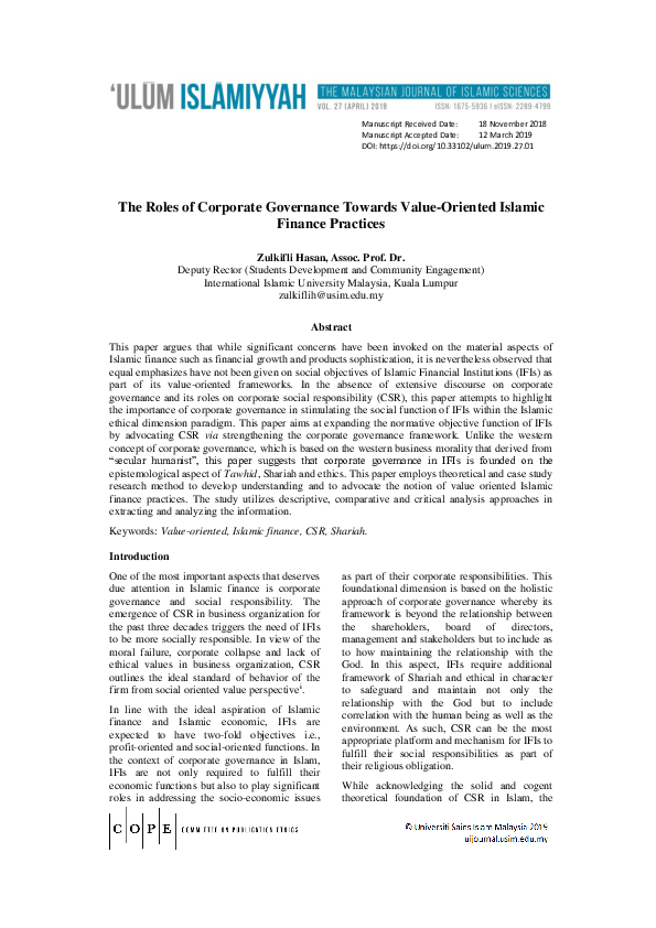 (PDF) The Roles of Corporate Governance Towards Value-Oriented Islamic ...