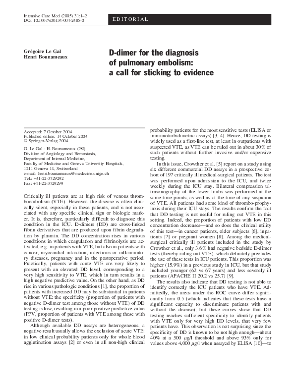 (PDF) D-dimer for the diagnosis of pulmonary embolism: a call for ...