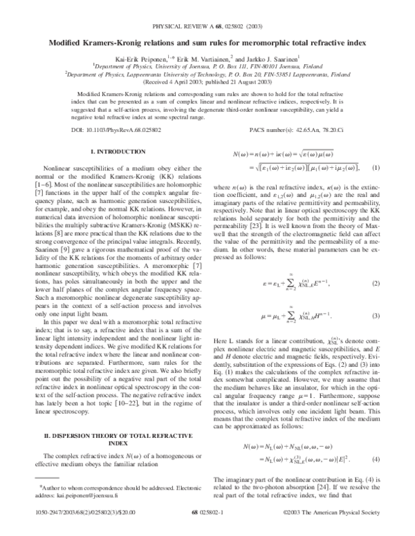 (PDF) Modified Kramers-Kronig relations and sum rules for meromorphic total refractive index
