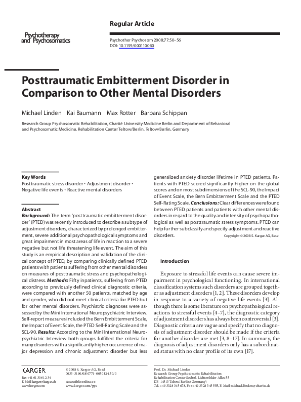 (PDF) Posttraumatic Embitterment Disorder in Comparison to Other Mental ...