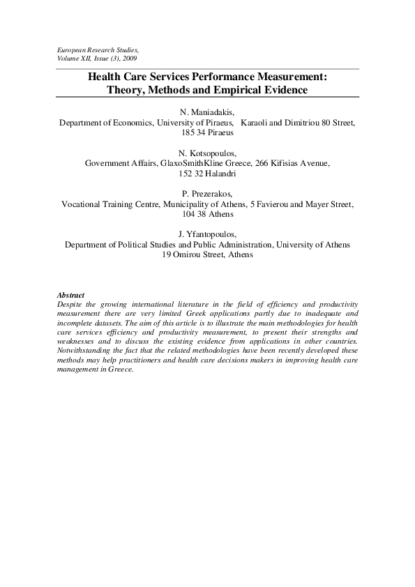 (PDF) Health Care Services Performance Measurement: Theory, Methods and ...