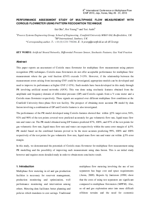 (PDF) Performance Assessment Study of Multiphase Flow Measurement with Coriolis Flowmeter Using ...