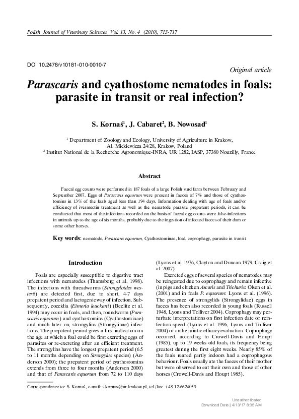 (PDF) Parascaris and cyathostome nematodes in foals: parasite in ...