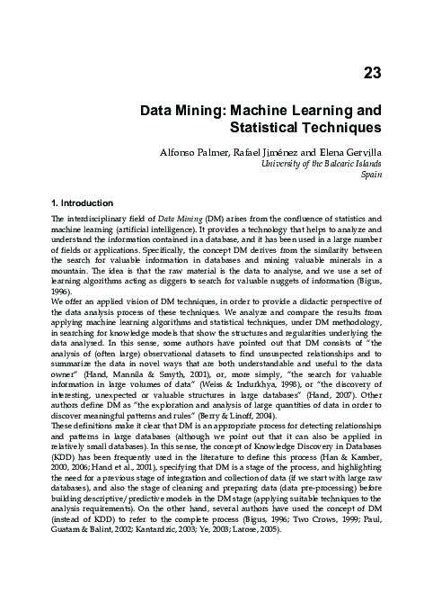 (PDF) Data Mining: Machine Learning and Statistical Techniques