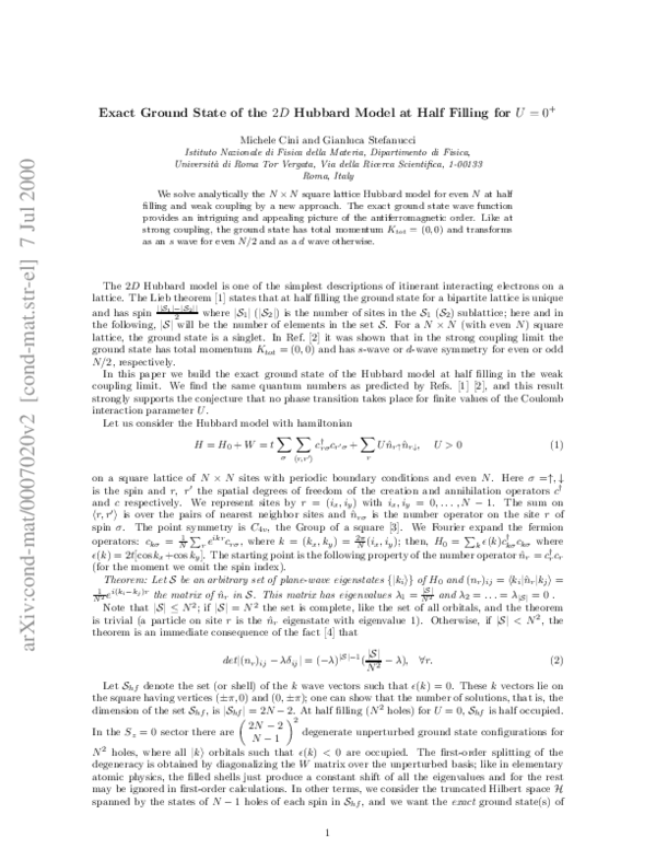 (PDF) Exact Ground State of the 2D Hubbard Model at Half Filling for $U ...