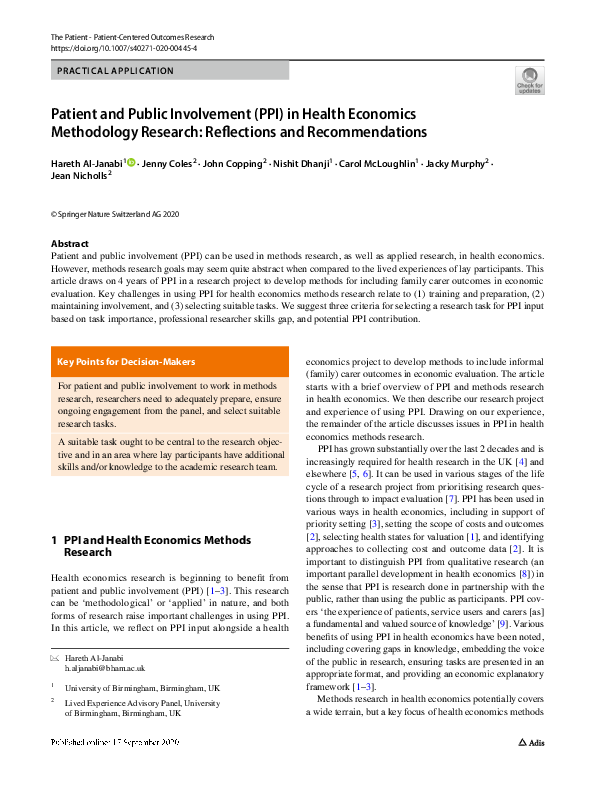(PDF) Patient and Public Involvement (PPI) in Health Economics ...