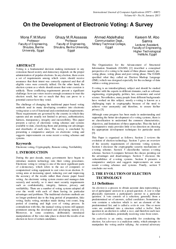 Pdf On The Development Of Electronic Voting A Survey