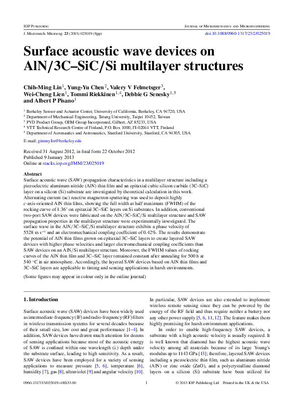 (PDF) Surface acoustic wave devices on AlN/3C–SiC/Si multilayer structures